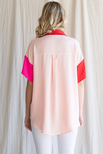 Colorblock Open Collared Top Hot Pink Mix - Southern Fashion Boutique Bliss
