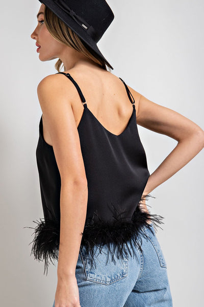 Sleeveless Feather Trim Cami Top Black - Southern Fashion Boutique Bliss