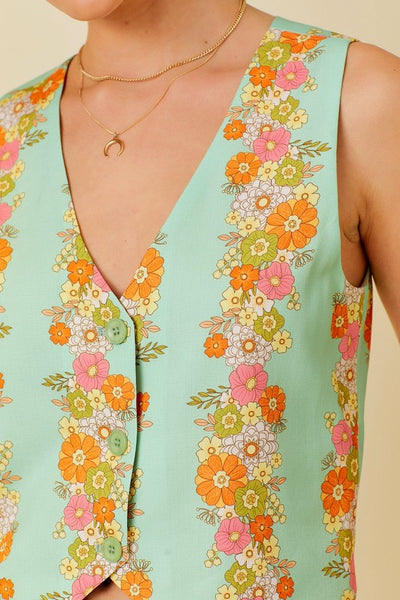 Floral Border Printed Vest Sage - Southern Fashion Boutique Bliss