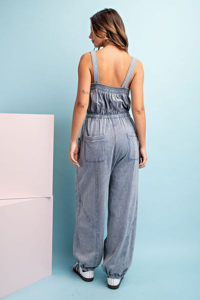 Snow Washed Drawstring Jumpsuit Denim - Southern Fashion Boutique Bliss
