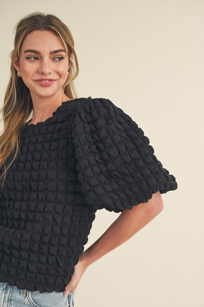 Textured Bubble Sleeve Top Black - Southern Fashion Boutique Bliss