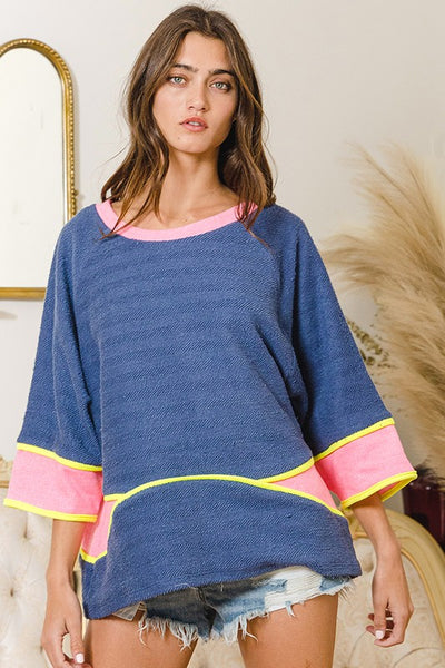French Terry Color Block Boxy Top Denim - Southern Fashion Boutique Bliss