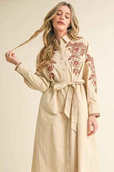 Floral Embroidered Midi Dress Sandshell - Southern Fashion Boutique Bliss