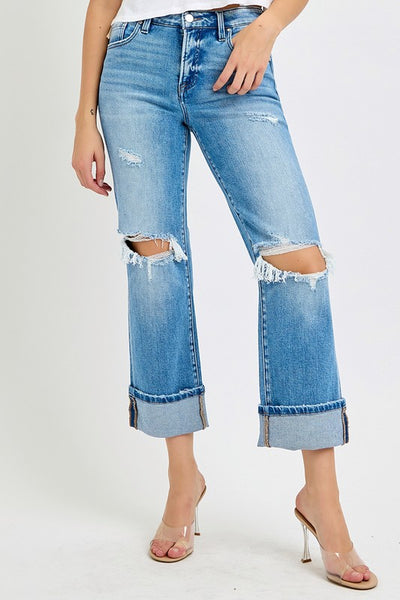 Mid Rise Straight Cuffed Jeans Medium - Southern Fashion Boutique Bliss