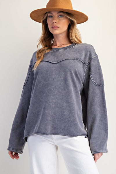Mineral Washed Terry Top MIdnight Blue - Southern Fashion Boutique Bliss