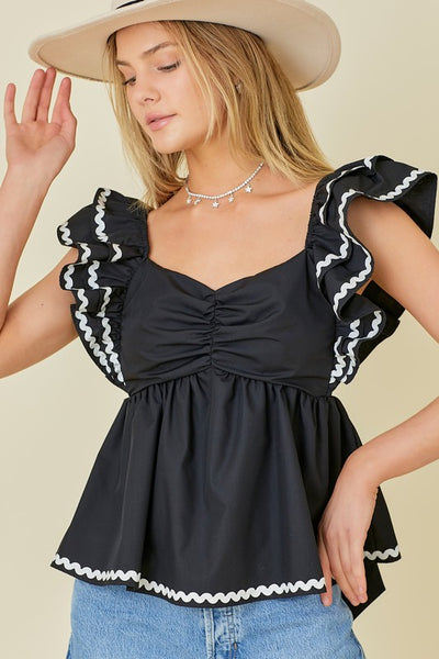 Double Ruffle Trim baby Doll Top Black - Southern Fashion Boutique Bliss