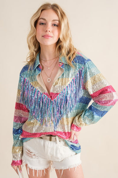Stripe Sequin Fringe Top Rainbow - Southern Fashion Boutique Bliss