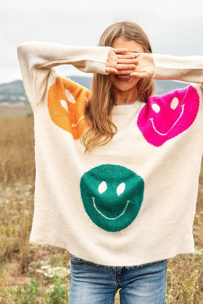 Smile Print Loose Fit Sweater Beige Multi - Southern Fashion Boutique Bliss
