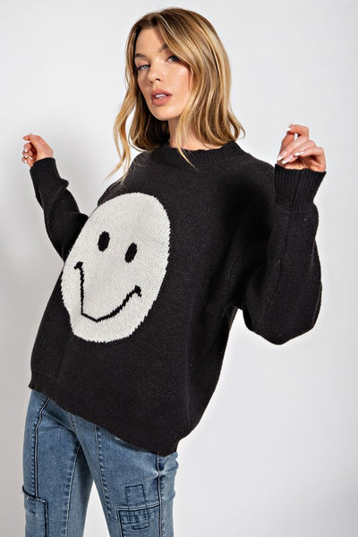 Smile Face Pattern Knit Sweater Black - Southern Fashion Boutique Bliss