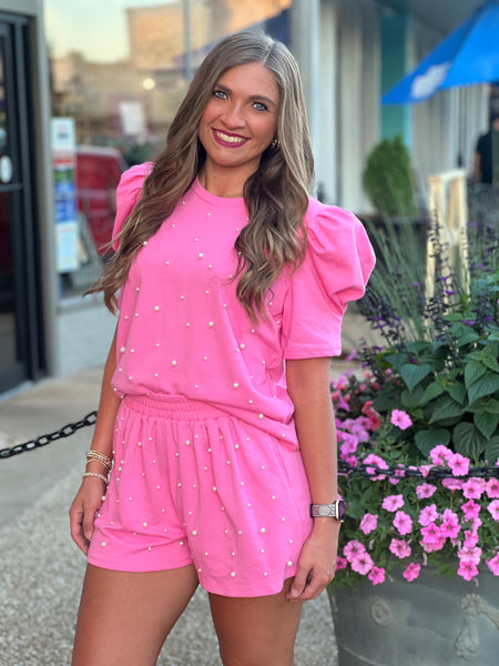 Terry Allover Pearl Embellished Top Pink - Southern Fashion Boutique Bliss