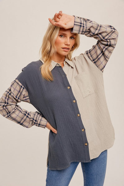 Color Block Plaid Mix Top Slate Blue - Southern Fashion Boutique Bliss