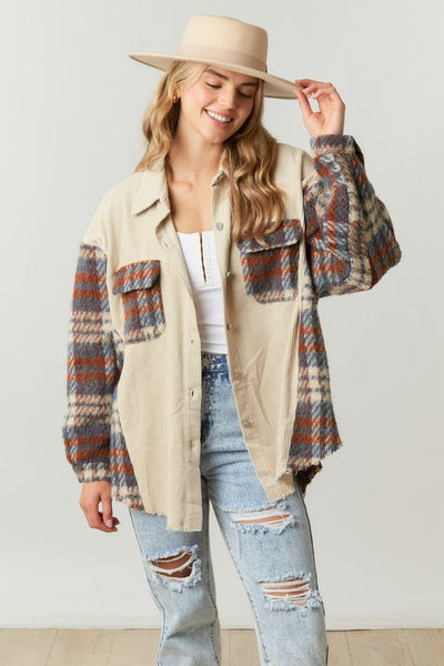Corduroy/Flannel Mix Jacket Sand Multi - Southern Fashion Boutique Bliss