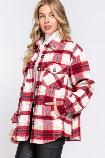 Wool Blend Plaid Shacket Red/Ivory - Southern Fashion Boutique Bliss