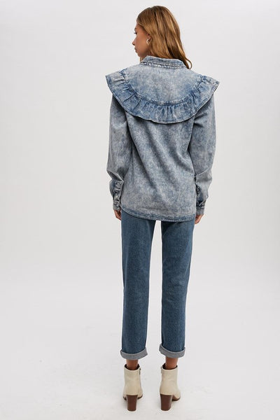Button Up Ruffled Denim Shirt Washed Denim - Southern Fashion Boutique ...
