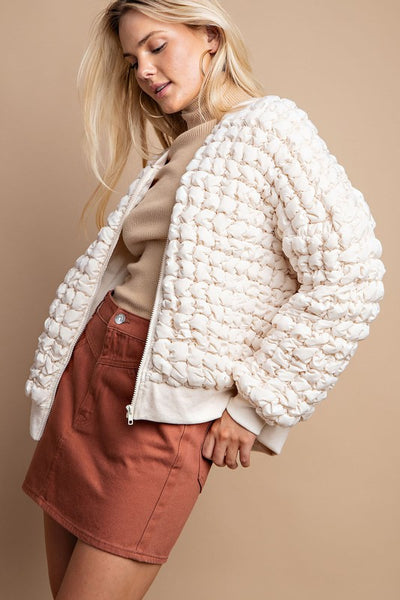 Puff Grid Textured Zip Front Jacket Ecru - Southern Fashion Boutique Bliss