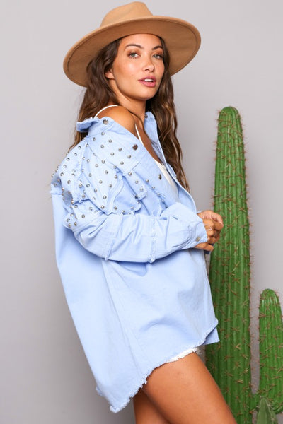 Studded Frayed Shacket Baby Blue - Southern Fashion Boutique Bliss