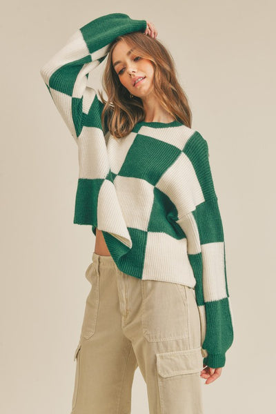 Oversized Checkerboard Pullover Green - Southern Fashion Boutique Bliss