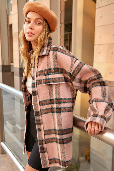 Checkered Pattern Pocket Shacket Peach Salmon - Southern Fashion ...